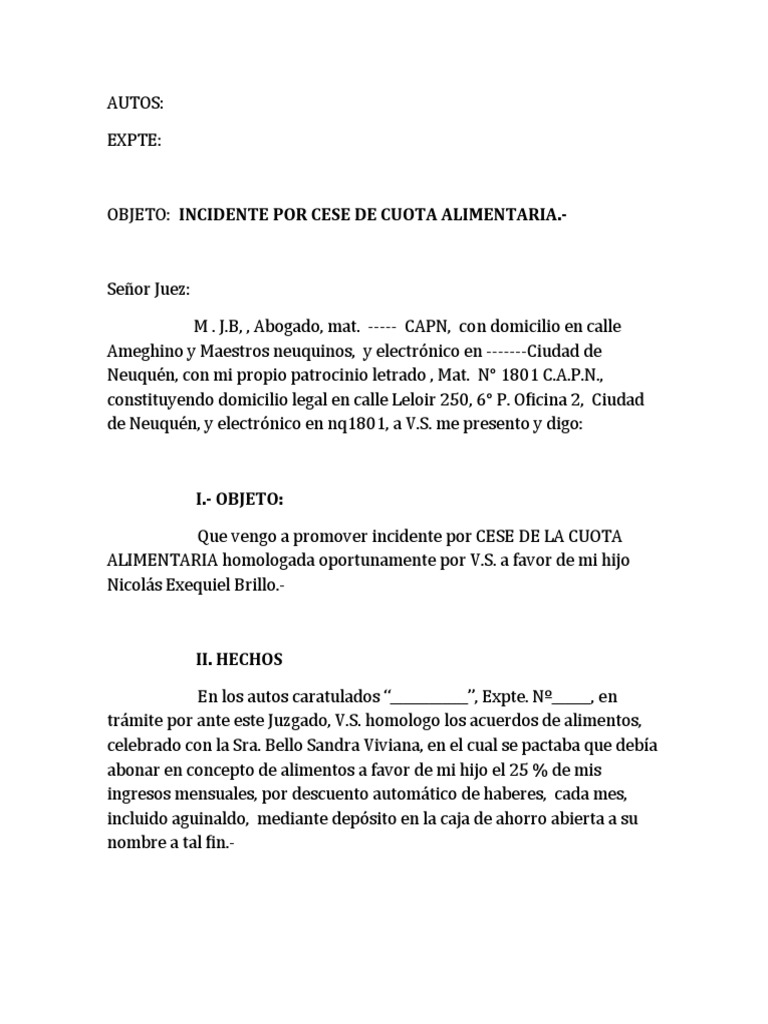 Incidente Por Cese de Cuota Alimentaria | Descargar gratis PDF ... Incidente Por Cese de Cuota Alimentaria | Descargar gratis PDF ...