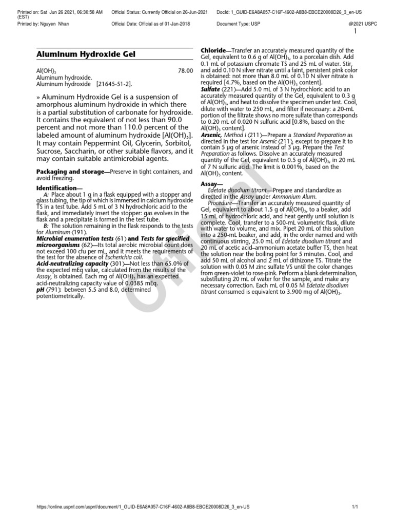 Aluminum Hydroxide Gel: Description, Identification Tests, Assay, and ...