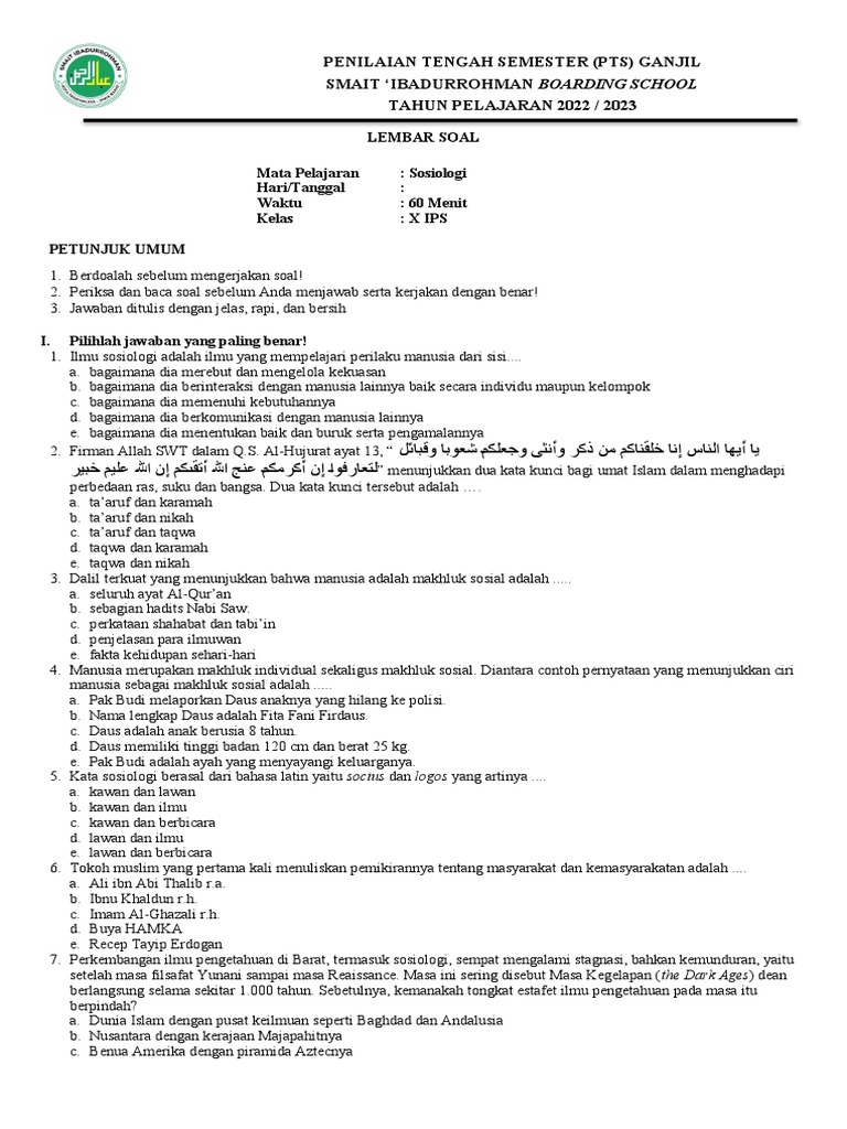 PTS Ganjil 2022-2023 Sosiologi Kls 10 | PDF