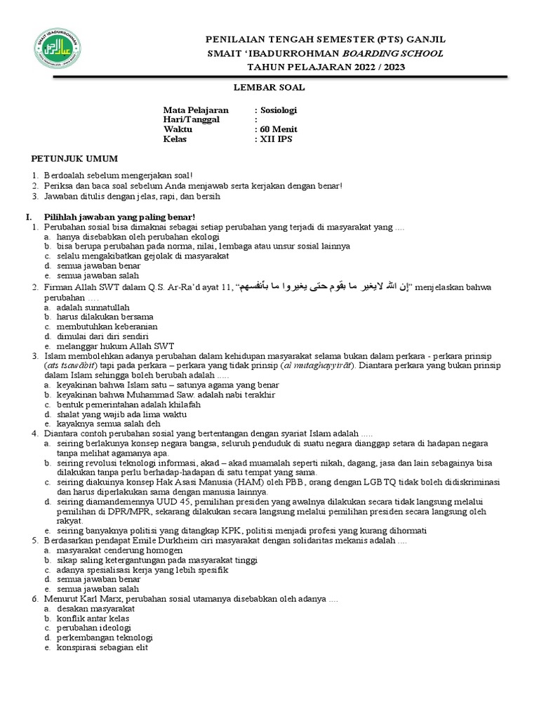 PTS Ganjil 2022-2023 Sosiologi Kls 12 | PDF | Ilmu Sosial