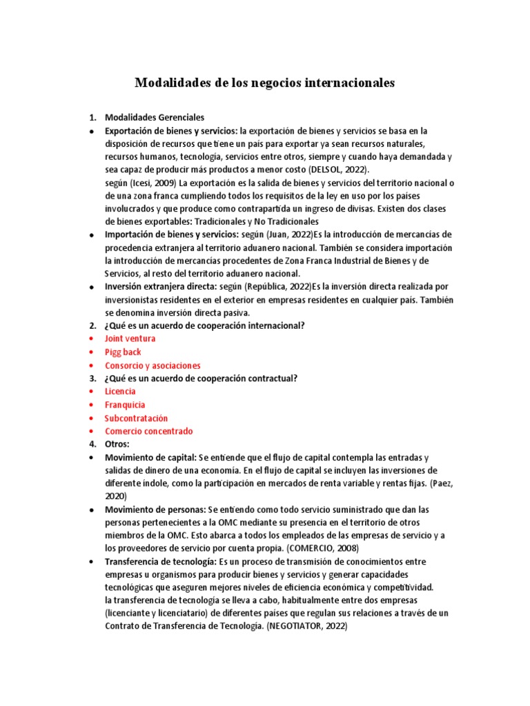 Modalidades de Los Negocios Internacionales | PDF | Exportaciones | Capital (economía)