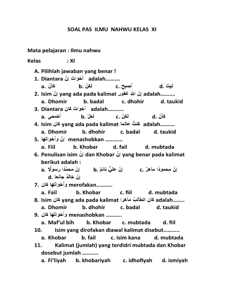 Soal Pas Ilmu Nahwu Kelas Xi | PDF
