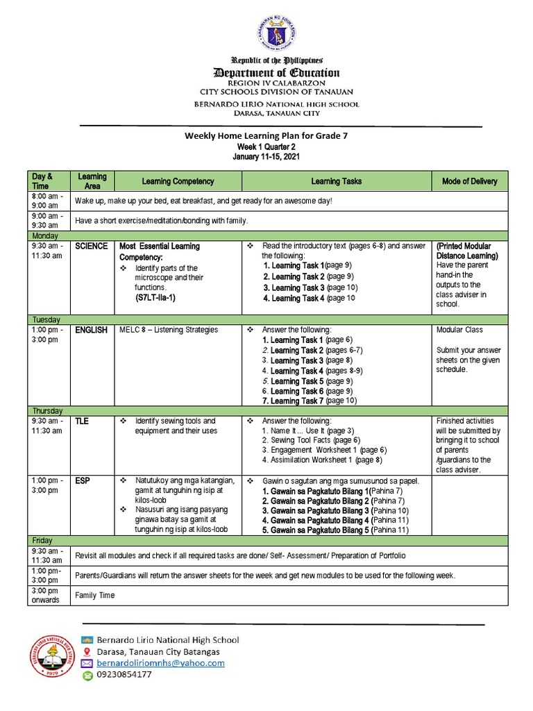 Weekly Home Learning Plan Grade 7 | PDF | Behavior Modification | Learning