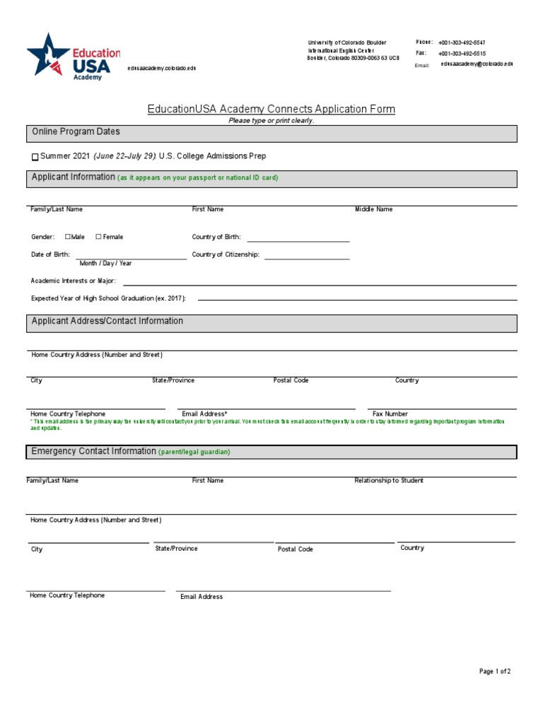 EdUSA Academy Connects ApplicationForm Summer-2021 Fillable-4 | Download Free PDF | Identity ...