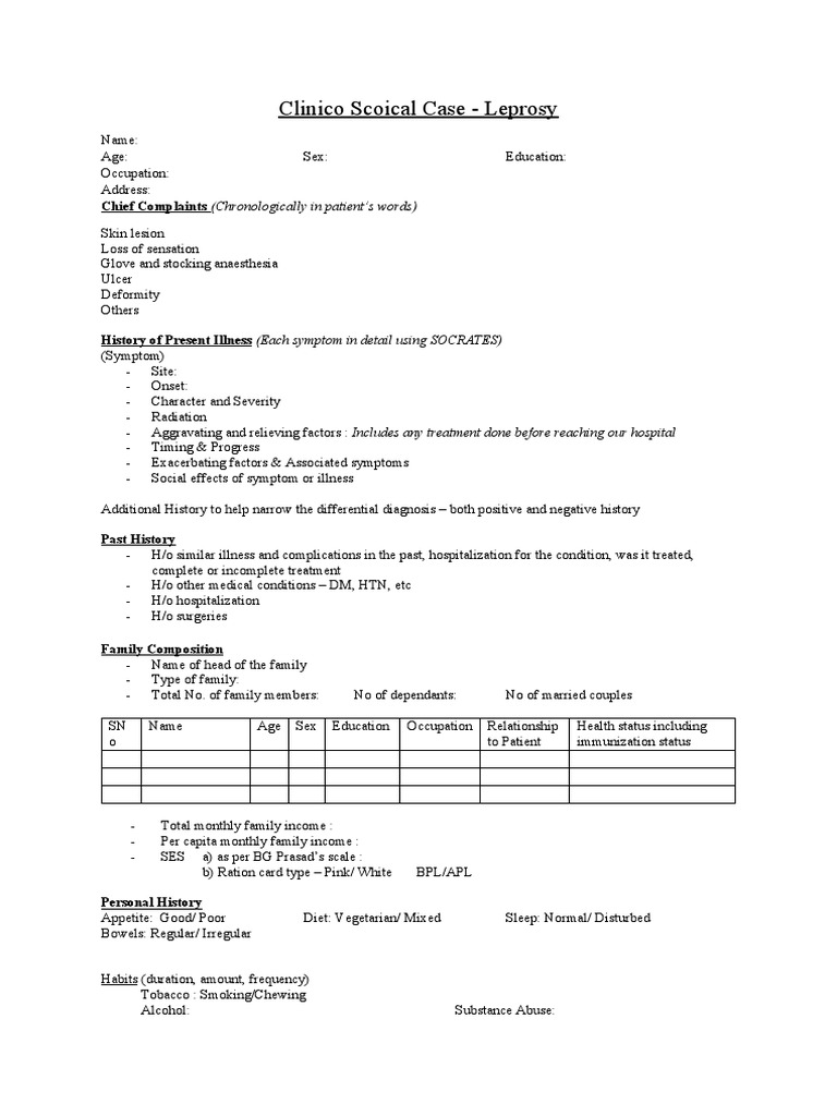 Leprosy Case Proforma | PDF | Leprosy | Hand