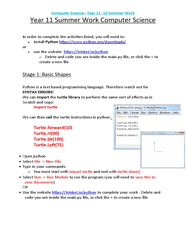 A Level Computer Science Python Turtle Worksheet Pdf Subroutine