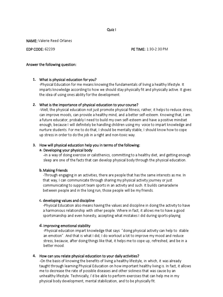 Quiz 1-PE 101 | PDF | Physical Fitness | Physical Education