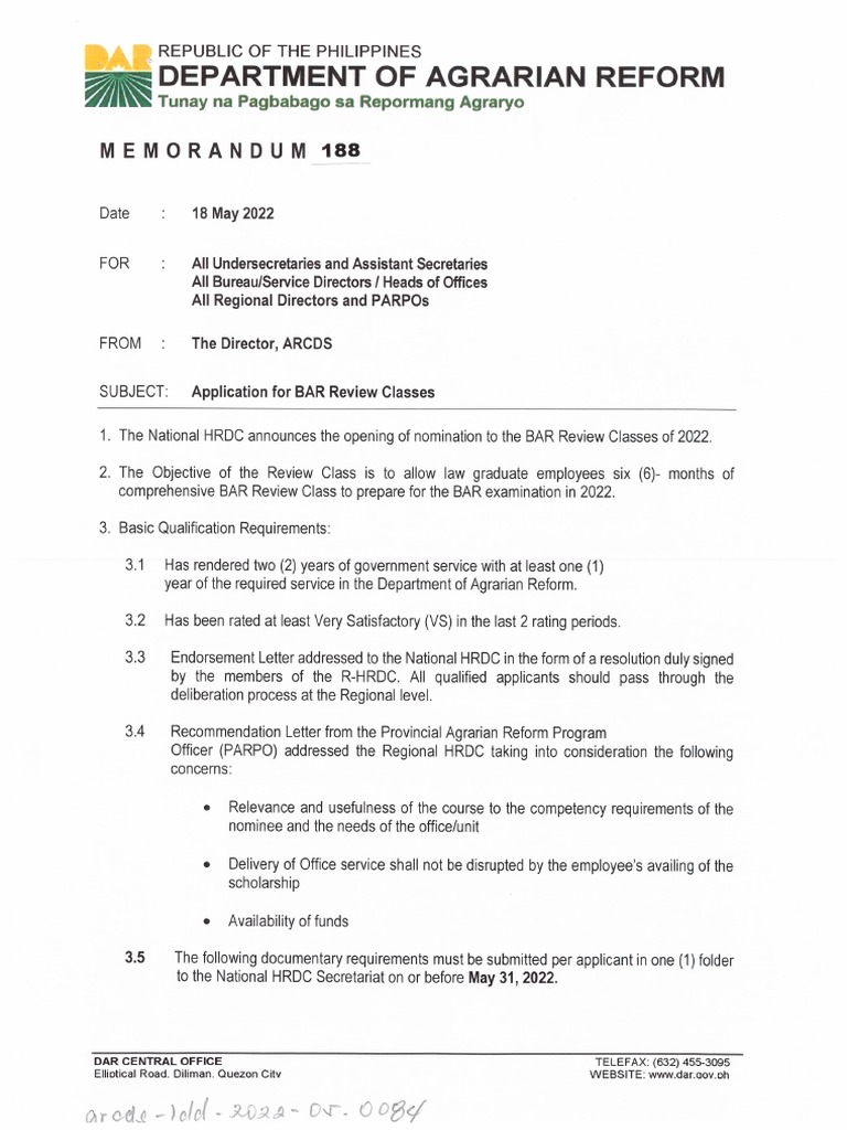 Memo 188 Application For Bar Review Classes | PDF