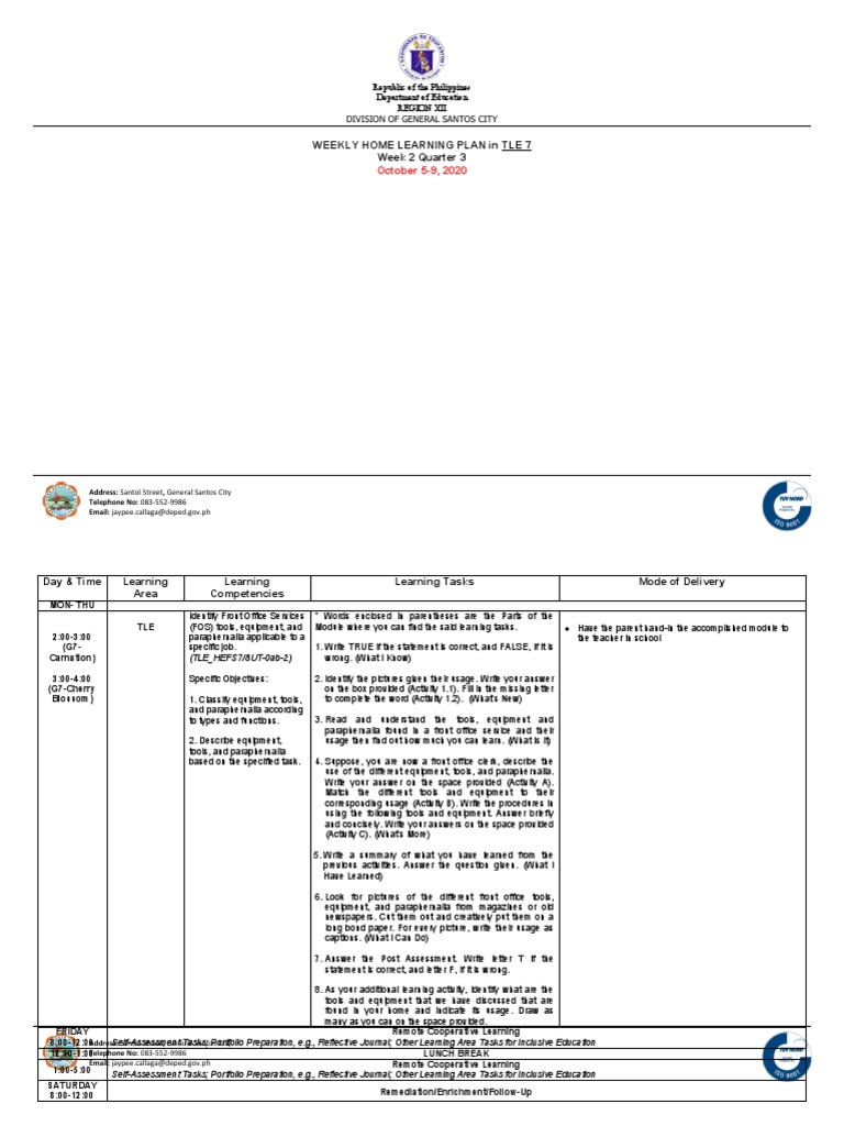 TLE 7 Weekly Learning Plan: Week 2 | PDF | Learning | Communication