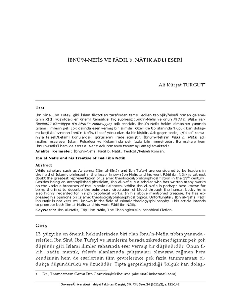 Ali Kursat Turgut-Ibnun Nefis Ve Fadil Bin Natik Adli Eseri | PDF