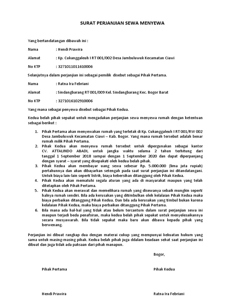 Surat Perjanjian Sewa Menyewa | PDF