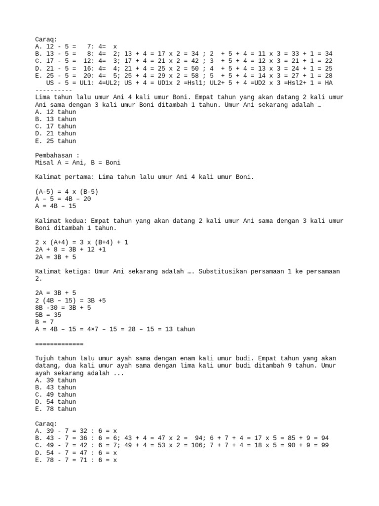 Soal Perbandingan Umur | PDF | Metode & Bahan Ajar