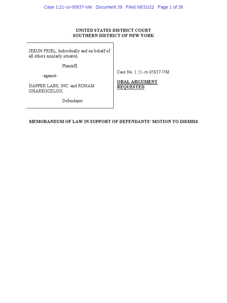 Dapper Labs Motion to Dismiss Memorandum | PDF | Complaint