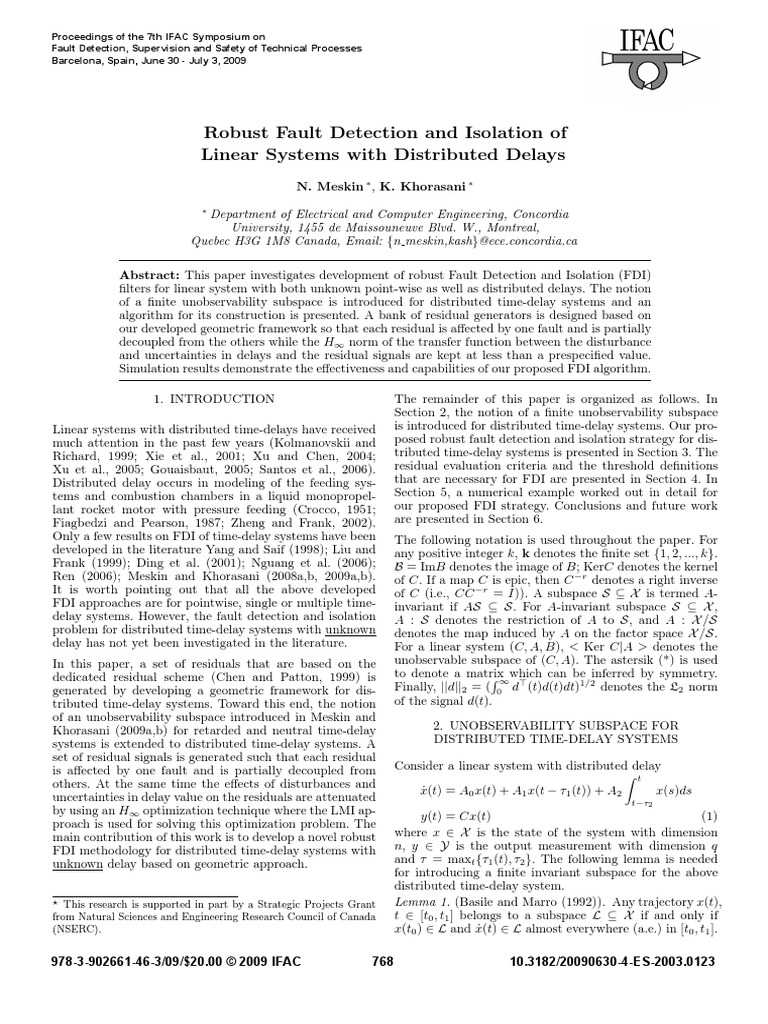 Robust Fault Detection And Isolation Of Linear Systems 2009 Ifac
