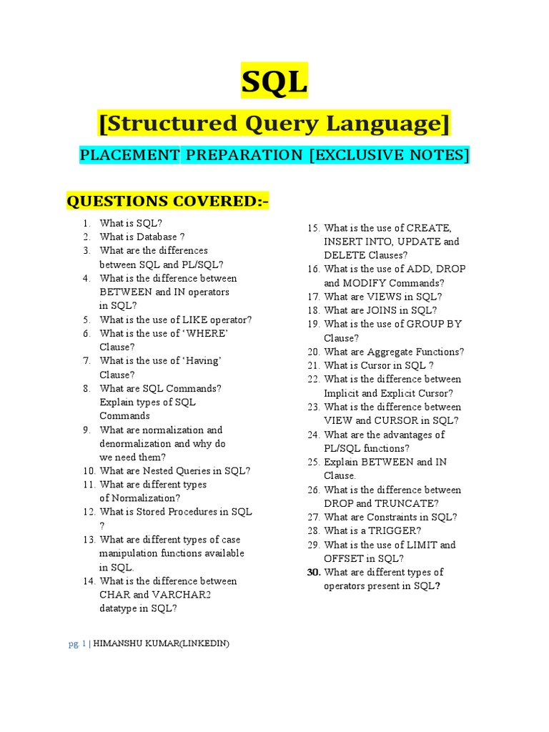 SQL Placement Preparation | PDF | Databases | Sql