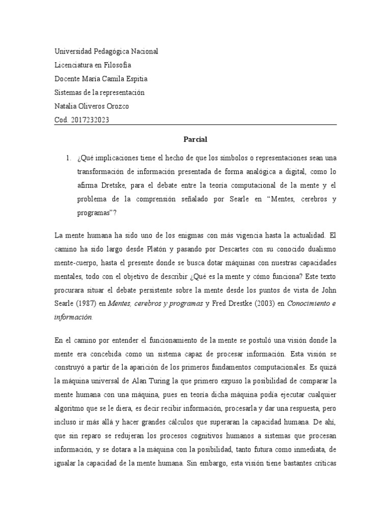 Debate sobre mente y máquinas: Searle y Dretske | PDF | Mente ...