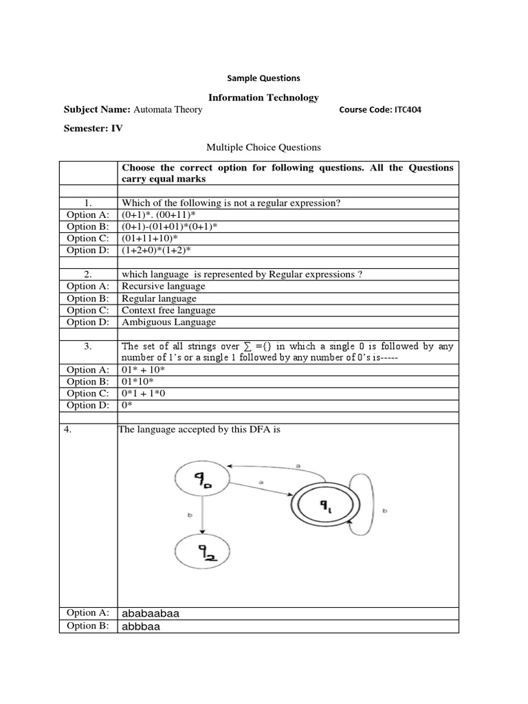 IT - Sem IV - AT+Sample Questions | PDF | Models Of Computation | Syntax