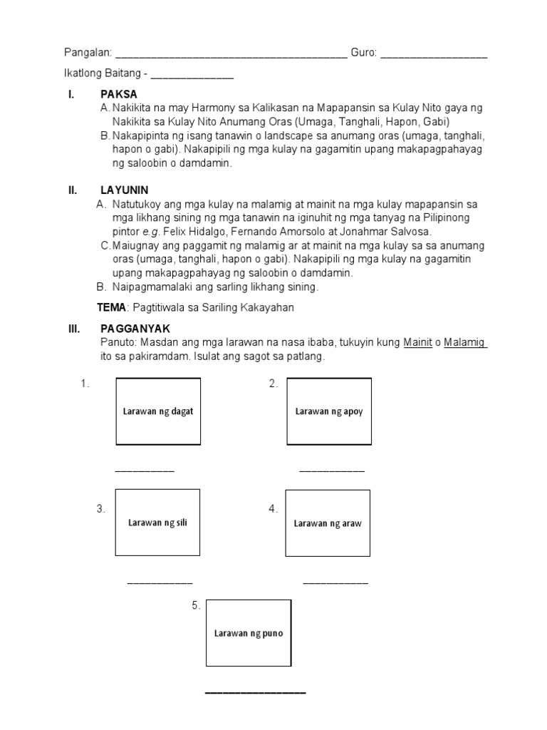 Arts 3 Second Quarter Worksheet 2 | PDF