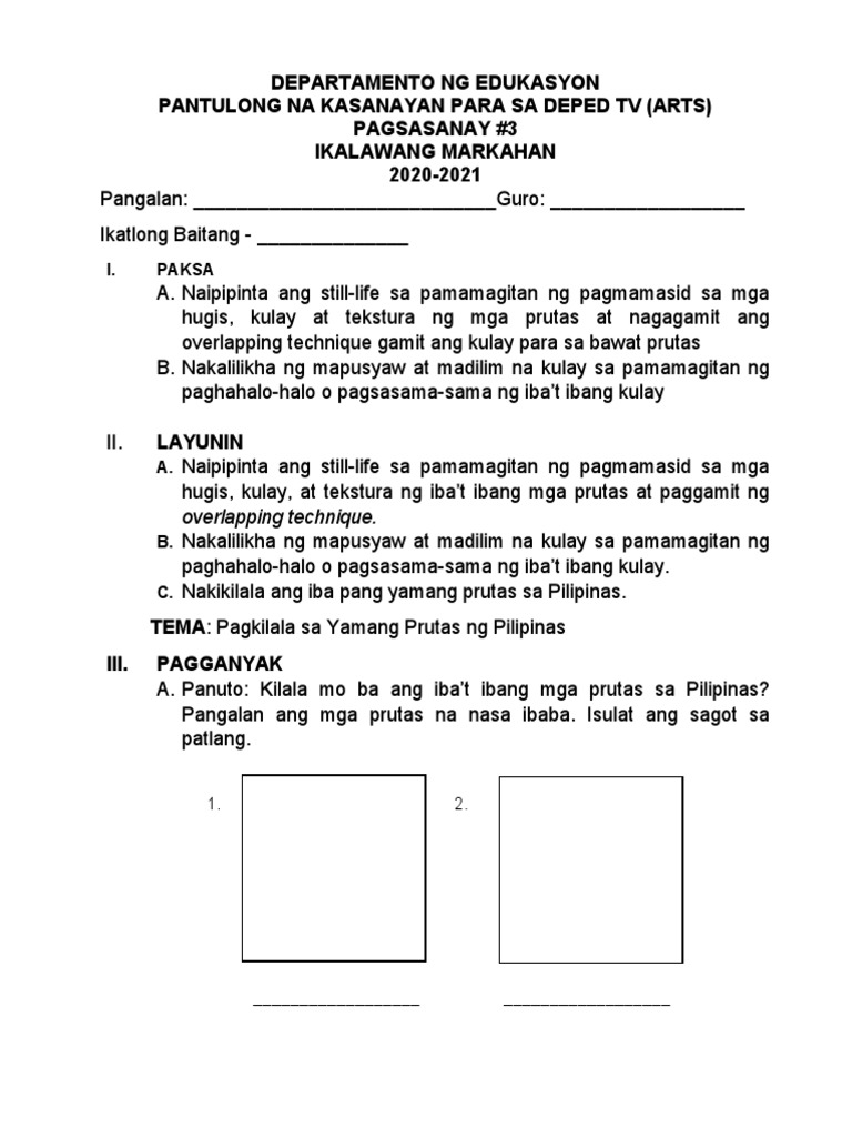 Arts 3 2nd Quarter Worksheet 3 | PDF