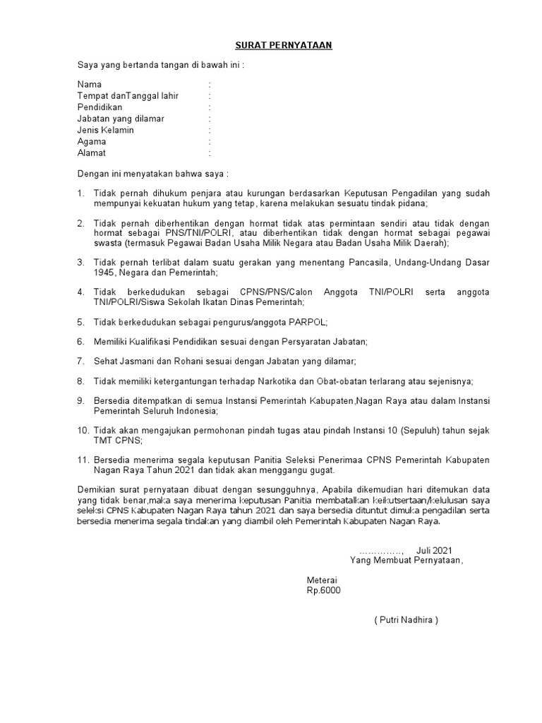 Surat Pernyataan CPNS Nagan Raya | PDF | Hukum