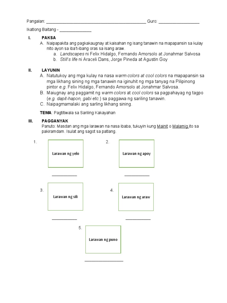 Arts WorkSheet 2nd Quarter Week 1 | PDF
