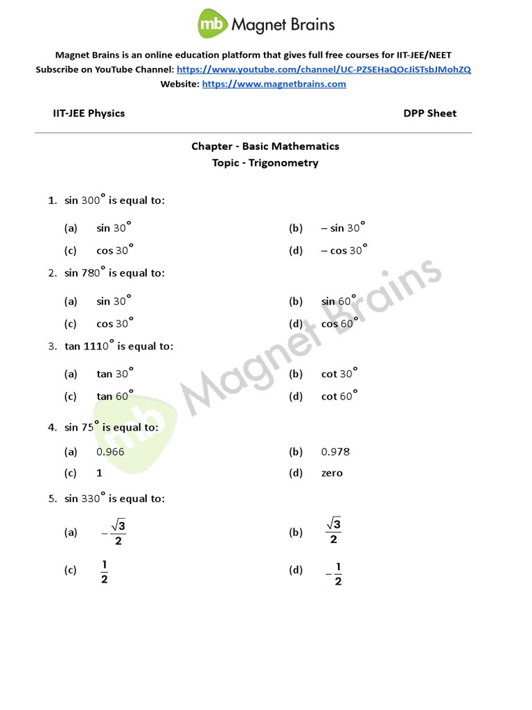 IIT-JEE Physics - Basic Mathematics - Trigonometry DPP Sheet | PDF ...