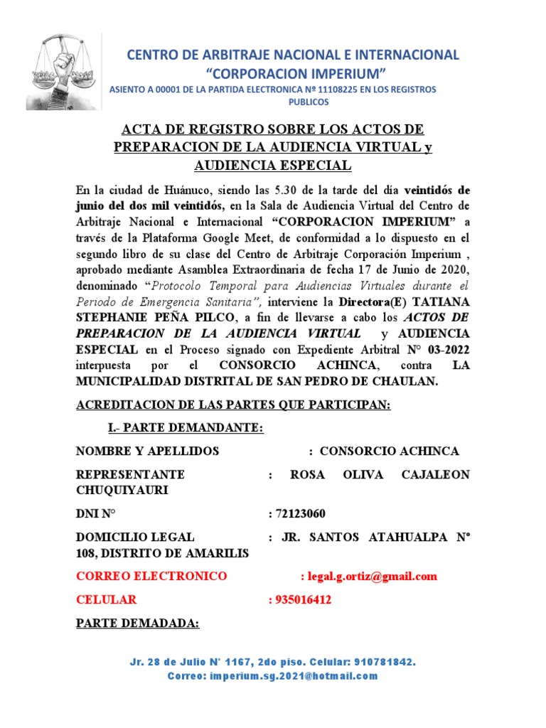 Acta de Informes Orales en Arbitraje | PDF