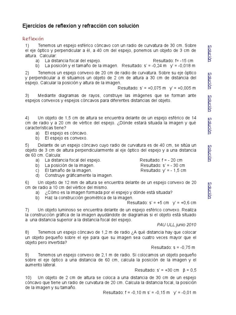 Ejercicios Reflexion y Refraccion Con Solucion | PDF | Espejo | Lente (óptica)