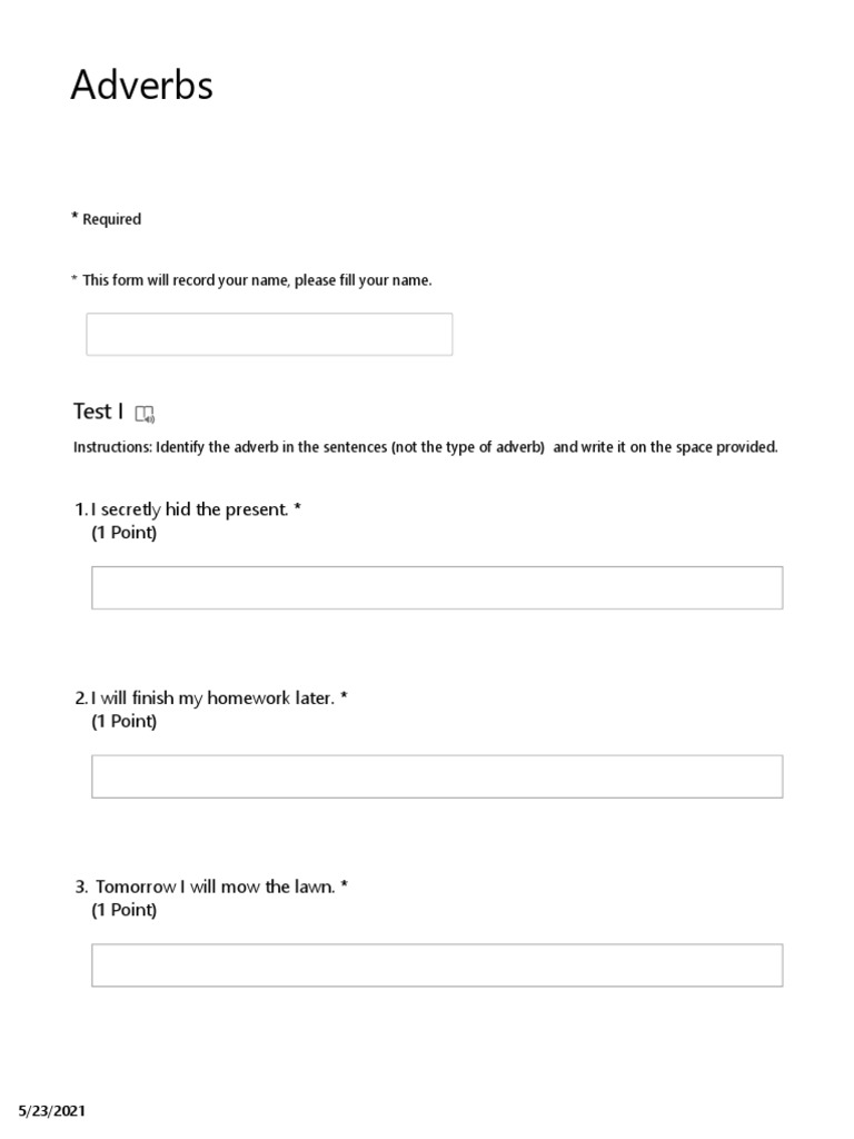 Identifying Adverbs in Sentences: A Practice Test | PDF | Adverb ...