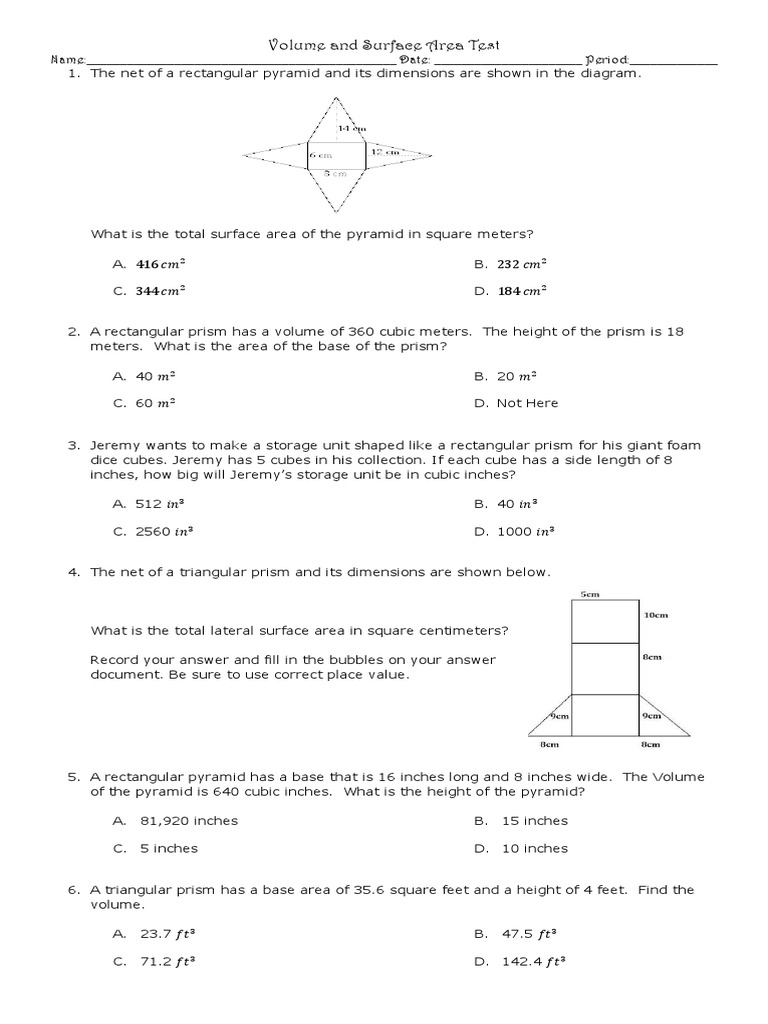 Volume and Surface Area Test 2017 | PDF | Teaching Methods & Materials ...