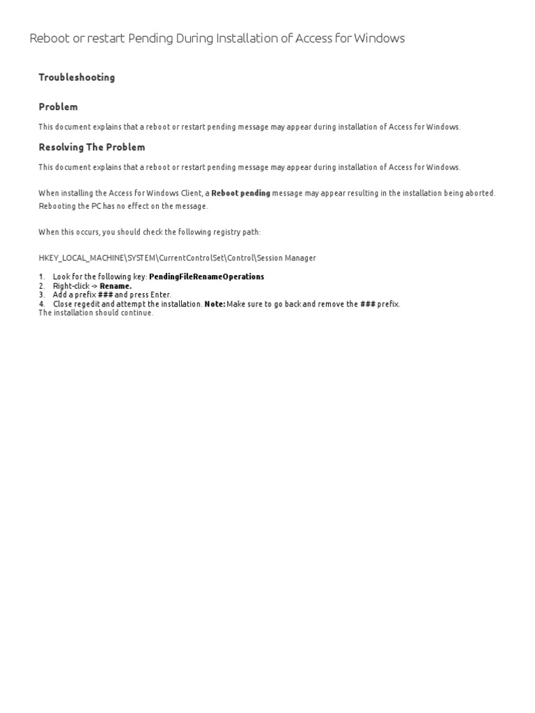 Reboot or Restart Pending During Installation of Access For Windows | PDF Reboot or Restart Pending During Installation of Access For Windows | PDF