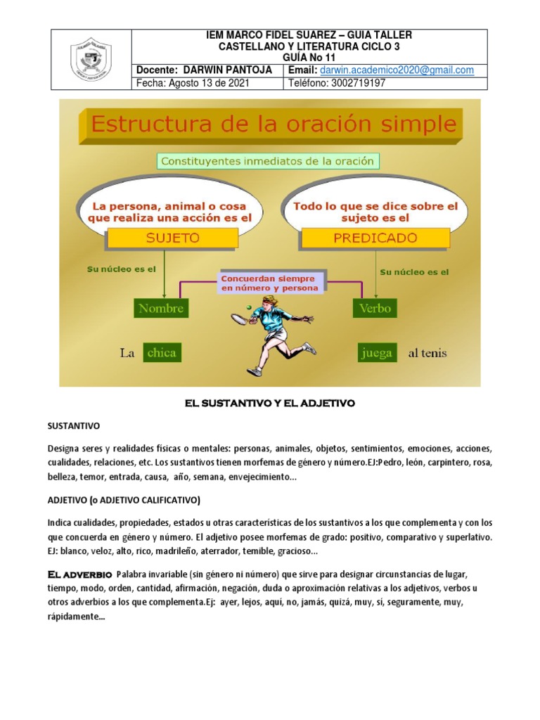 Guia 11 Estructura de La Oracion Simple Ciclo 3 Castellano Darwin | PDF ...