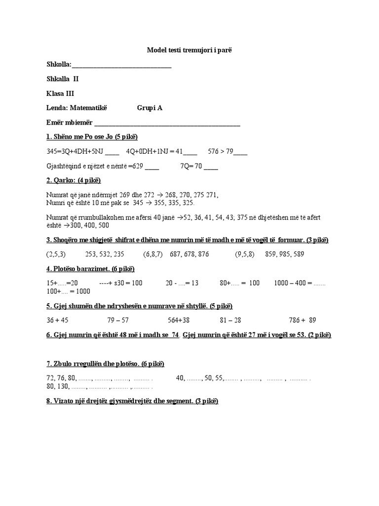 MATEMATIKA 3 Modele Testesh Sipas 3-Mujorëve | PDF