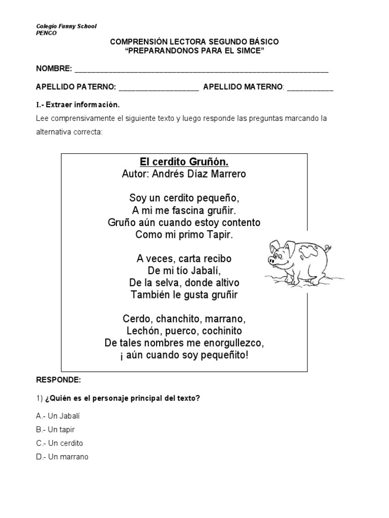 Comprension Lectora Segundo Basico | PDF | Cerdo