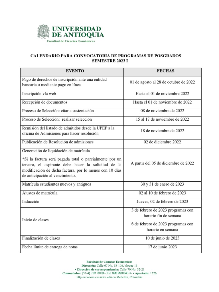 Calendario Posgrados FCE 2023-1 | PDF
