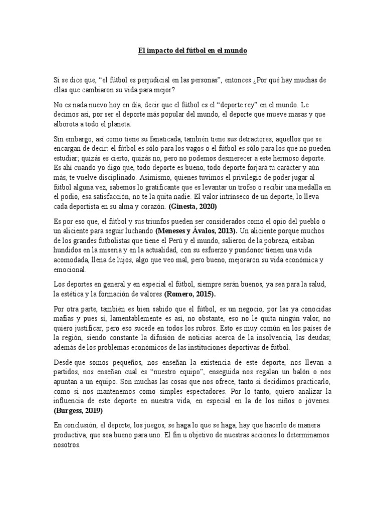 El Impacto Del Fútbol en El Mundo - Ensayo | PDF | Deportes ...