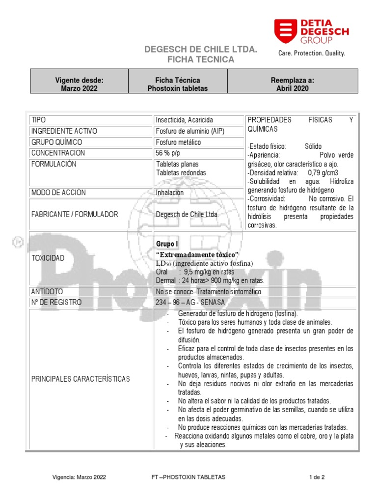 Ficha Técnica de Phostoxin Tabletás | PDF | Química | Sustancias químicas