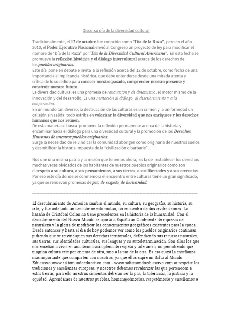 Discurso Día de La Diversidad Cultural | PDF | Tolerancia | Europa