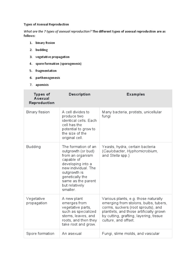 Types of Asexual Reproduction | Download Free PDF | Cloning | Reproduction