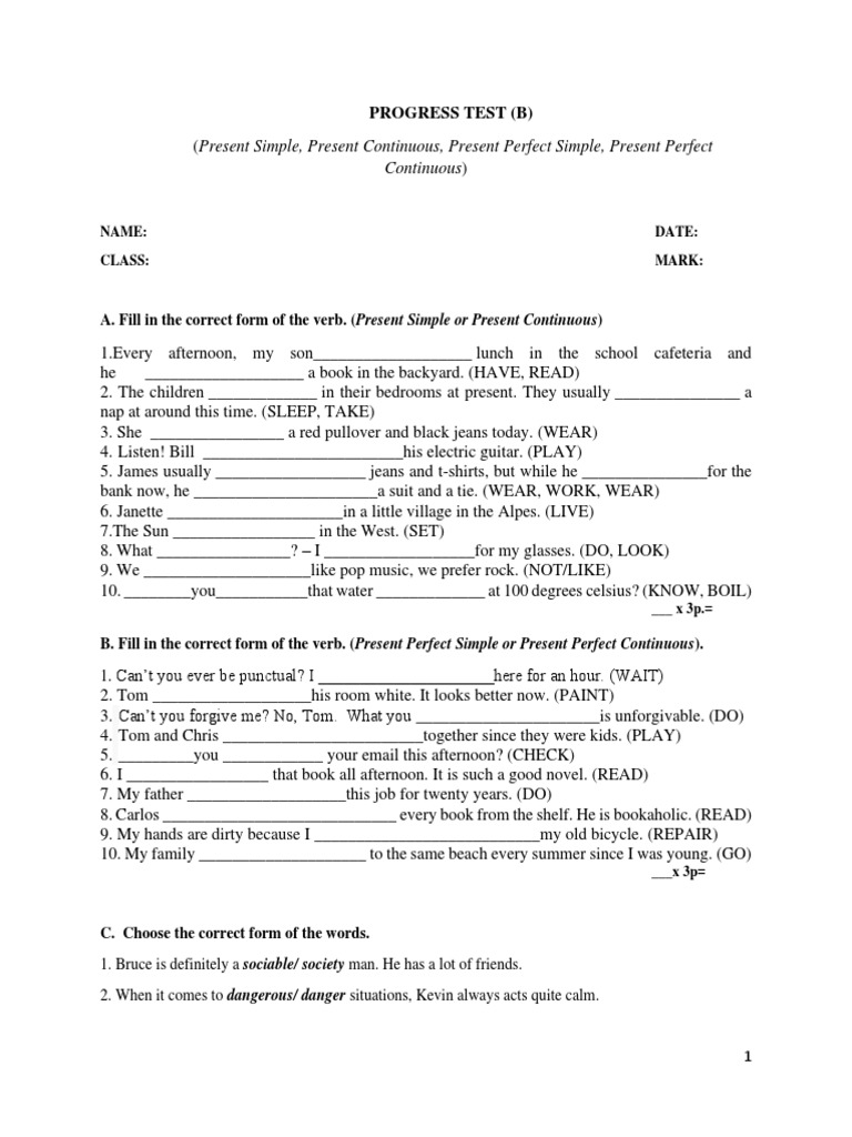 Test Paper - 9th Grade - Present Tenses (B) | PDF