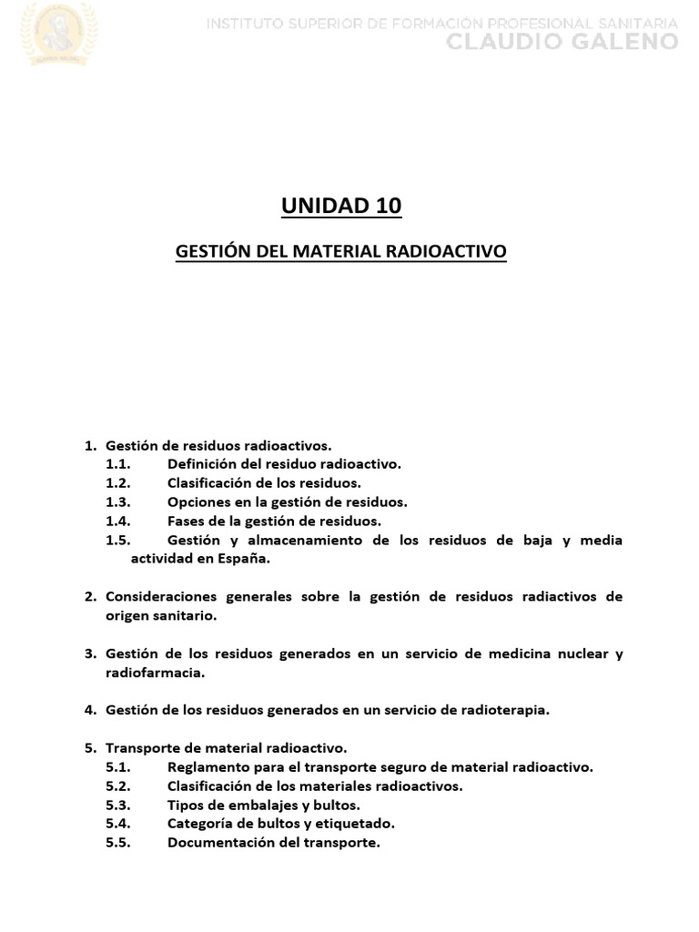 Unidad 10 Gestión Del Material Radioactivo | PDF | Residuos radiactivos ...