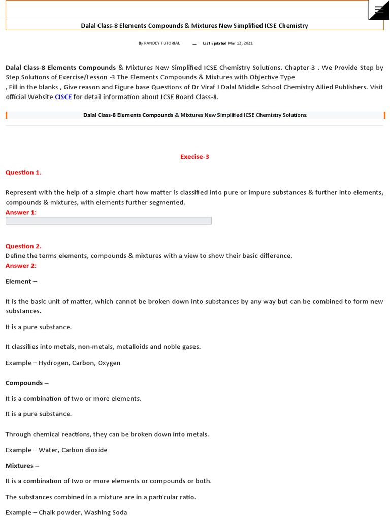Dalal Class 8 Elements Compounds Mixtures New Simplified ICSE Chemistry ...