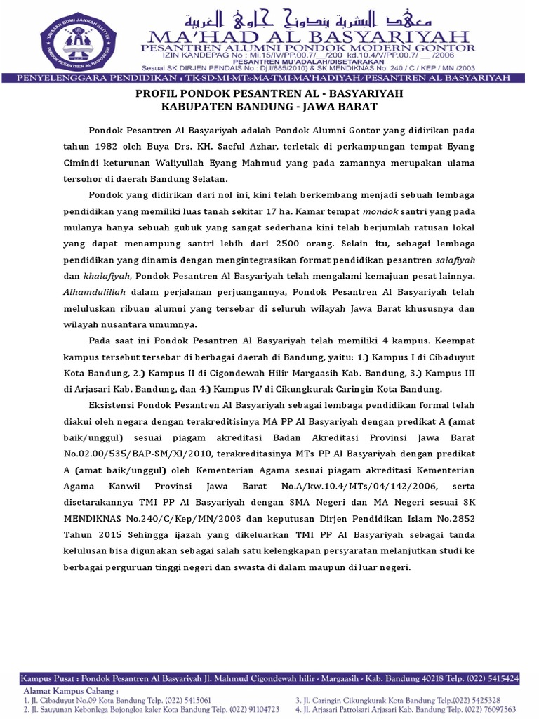 Profil Dan Sejarah Pondok Al Basyariyah - Sekarang | PDF