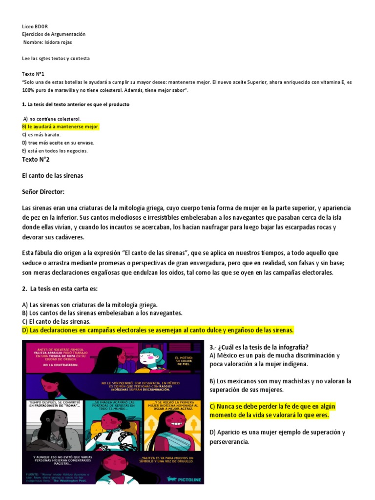 Isidora Rojas - Ejercicios Argumentación | PDF | Sirena | León