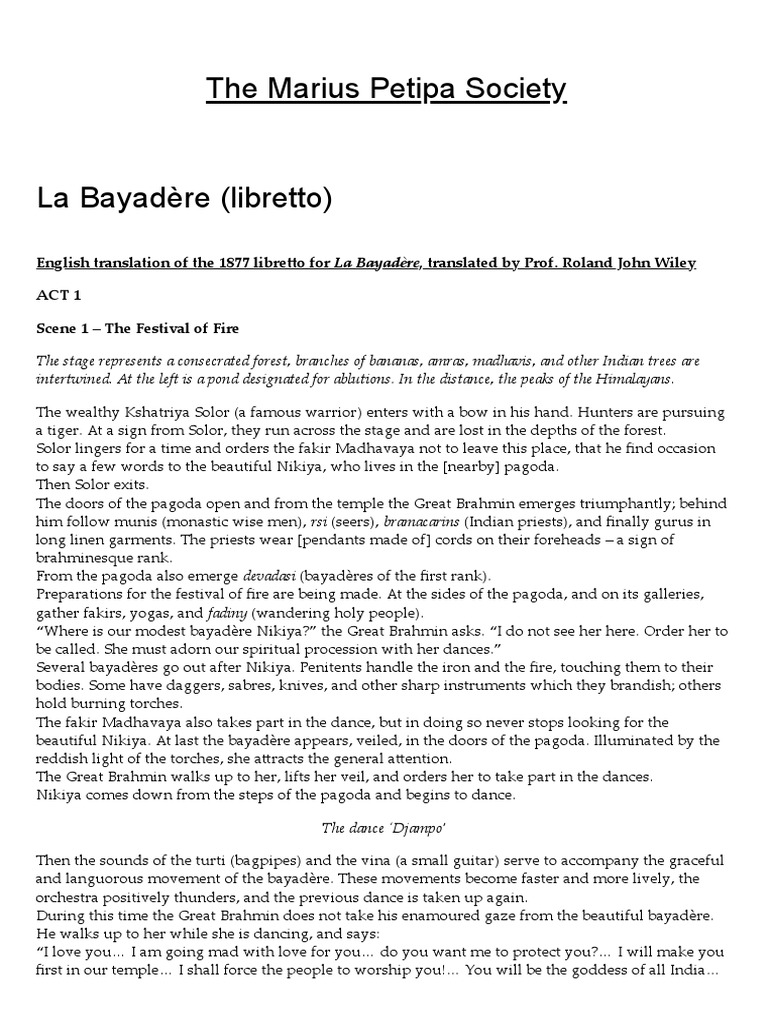La Bayadère (Libretto) - The Marius Petipa Society | PDF | Ballet