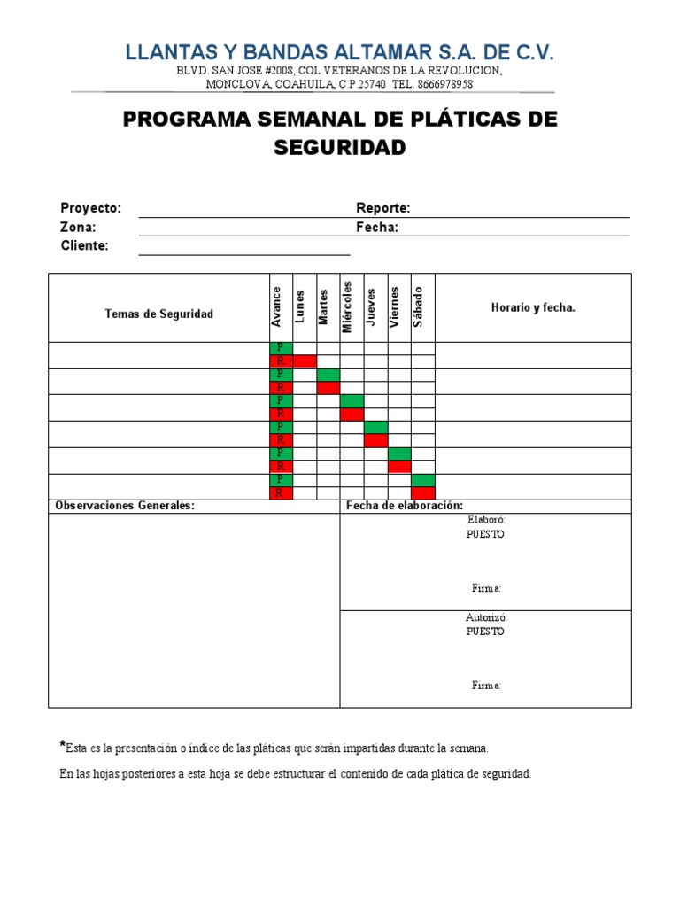 Programa Semanal de Pláticas de Seguridad | PDF