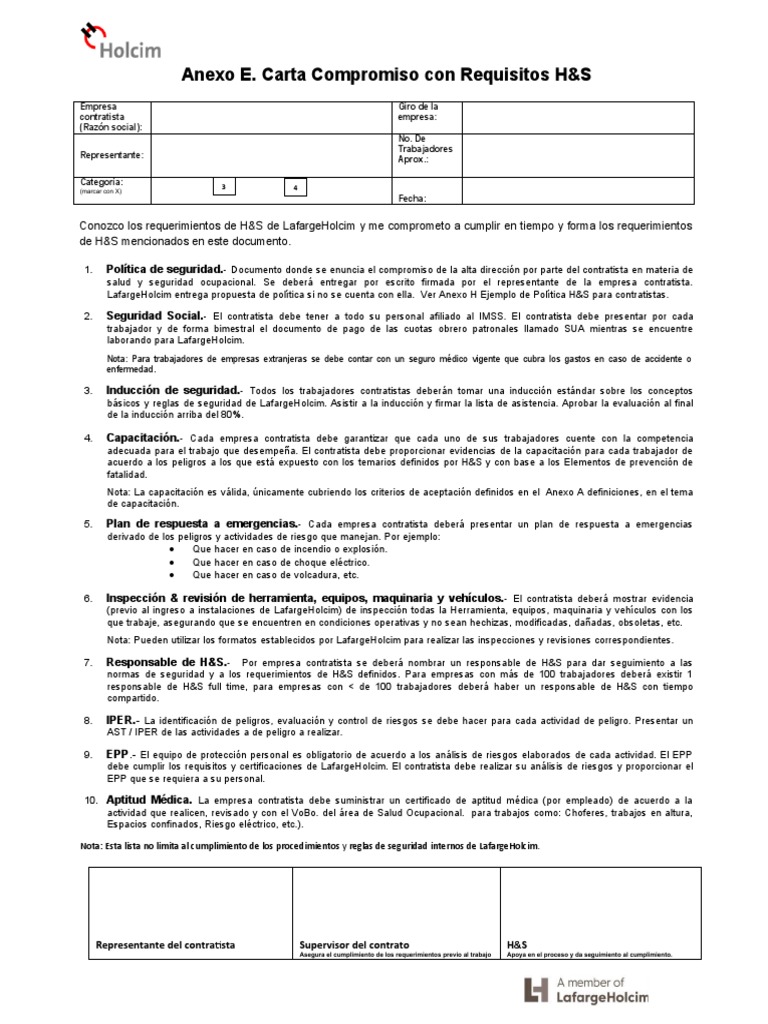 Anexo E. Carta Compromiso Con Los Requerimientos H&S para Contratistas | PDF | Business ...