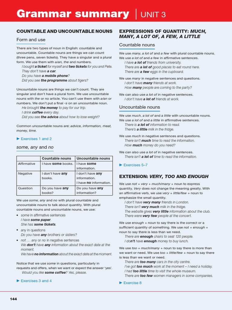 Grammar Summary Unit 3 Pdf Noun Plural