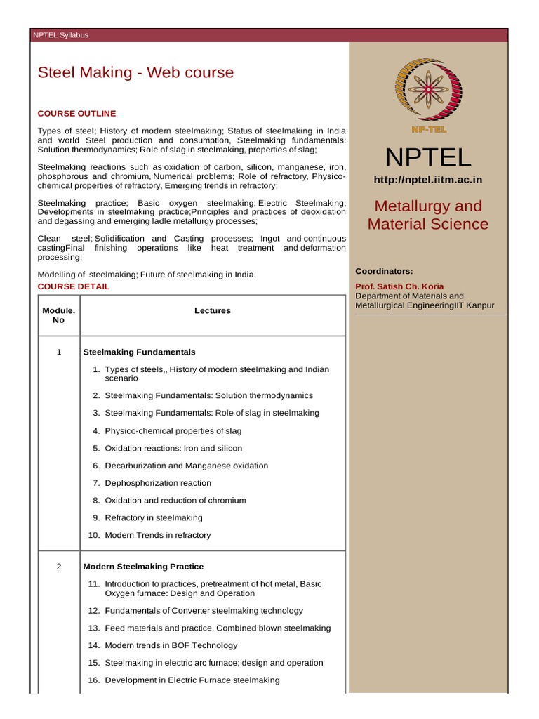 Nptel: Steel Making - Web Course | Download Free PDF | Steelmaking | Steel
