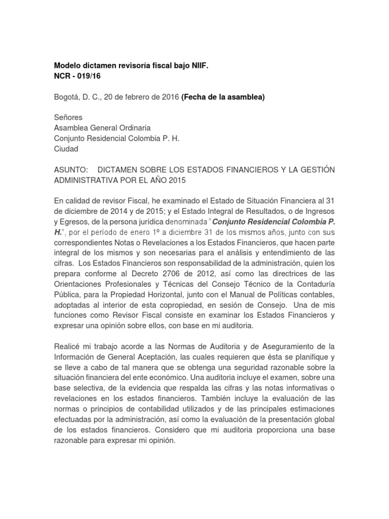 Modelo Dictamen Revisoría Fiscal Bajo Niif | PDF | Auditoría | normas ...